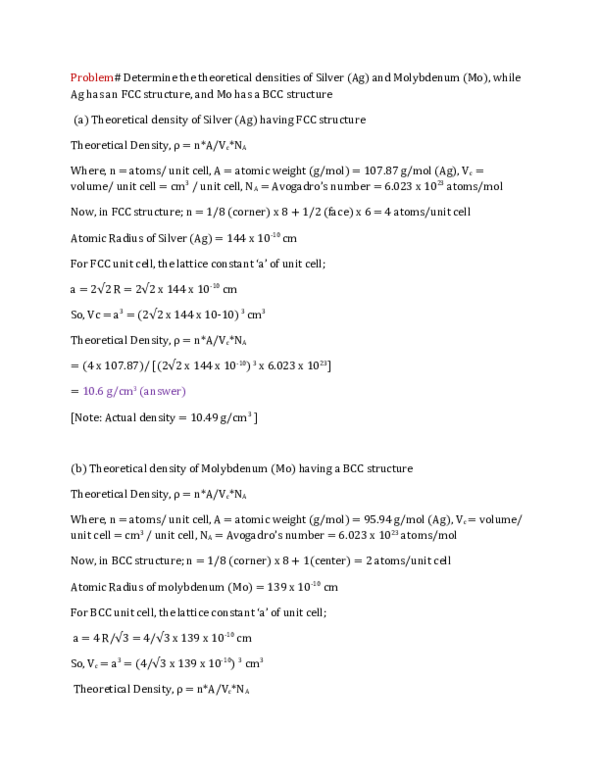 (DOC) Theoretical densities of Silver (Ag) and Molybdenum (Mo), while ...