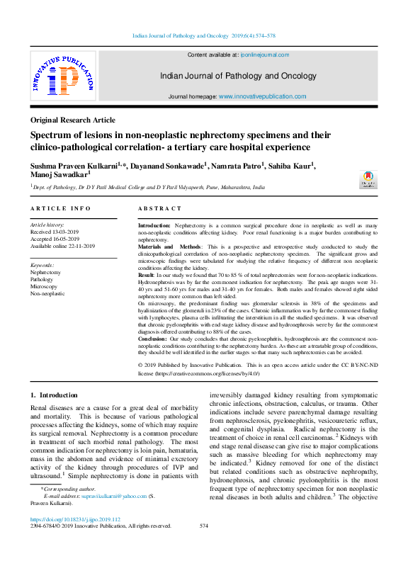 (PDF) Spectrum of lesions in non-neoplastic nephrectomy specimens and ...