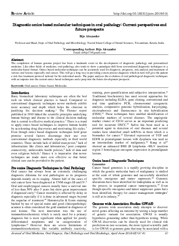 Pdf Diagnostic Omics Based Molecular Techniques In Oral Pathology