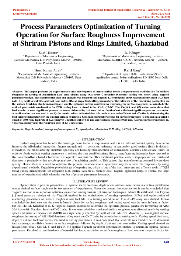 Pdf Ijert Process Parameters Optimization Of Turning Operation For