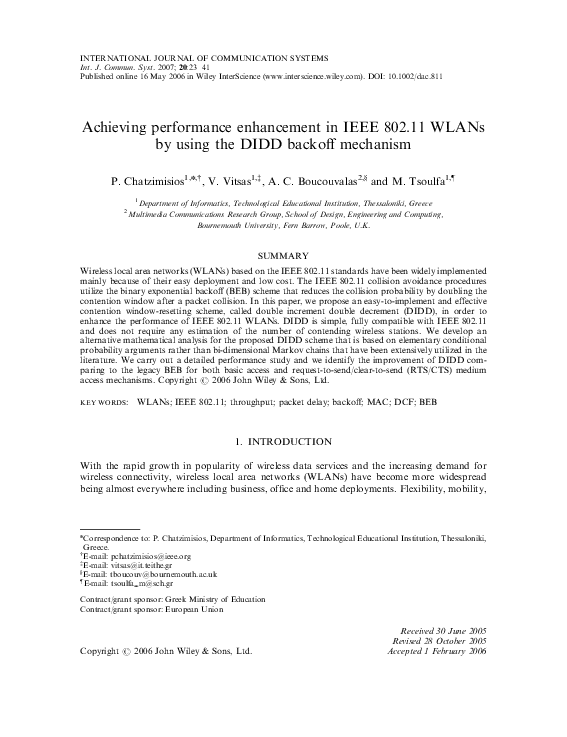 (PDF) Achieving performance enhancement in IEEE 802.11 WLANs by using the DIDD backoff mechanism