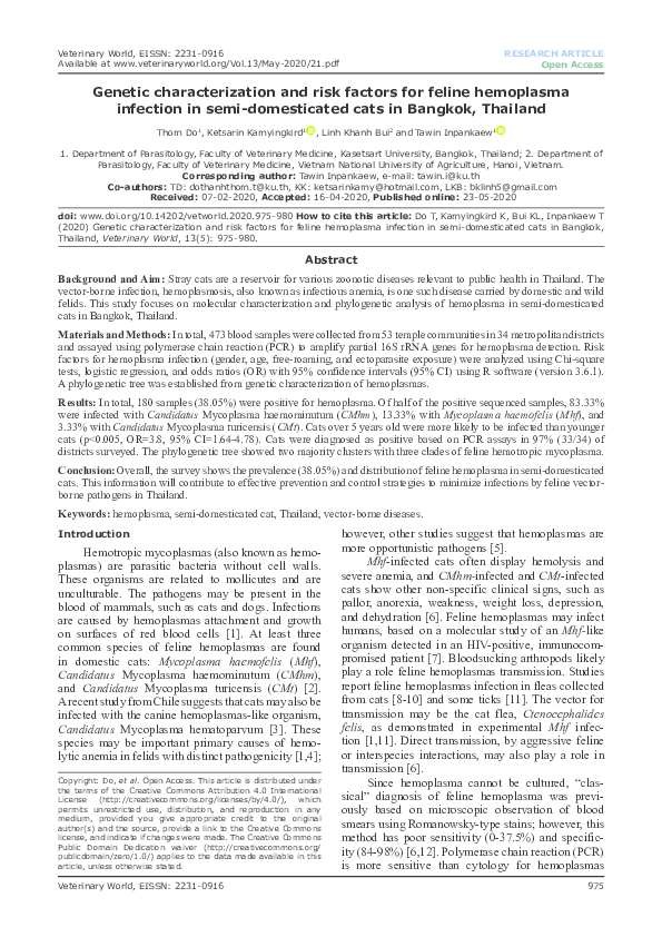 (PDF) Genetic characterization and risk factors for feline hemoplasma ...