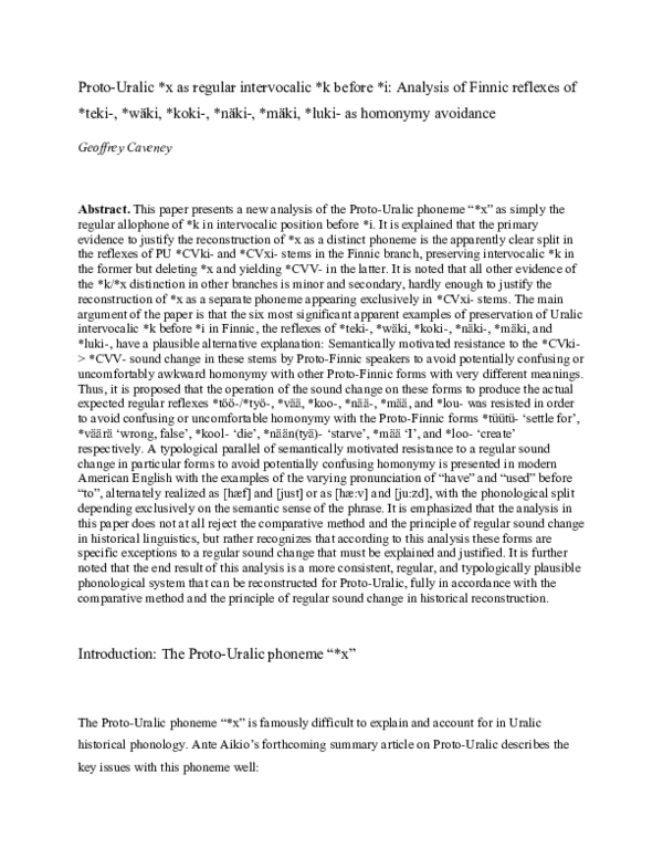 (DOC) Proto-Uralic *x as regular intervocalic *k before *i: Analysis of Finnic reflexes of *teki ...