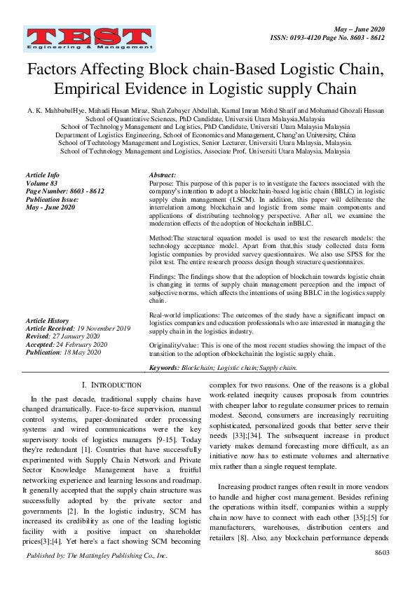 (PDF) Factors Affecting on e-Logistic adoption on Supply Chain Management, an empirical evidence ...