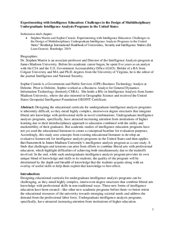 (PDF) Experimenting With Intelligence Education: Challenges in the ...