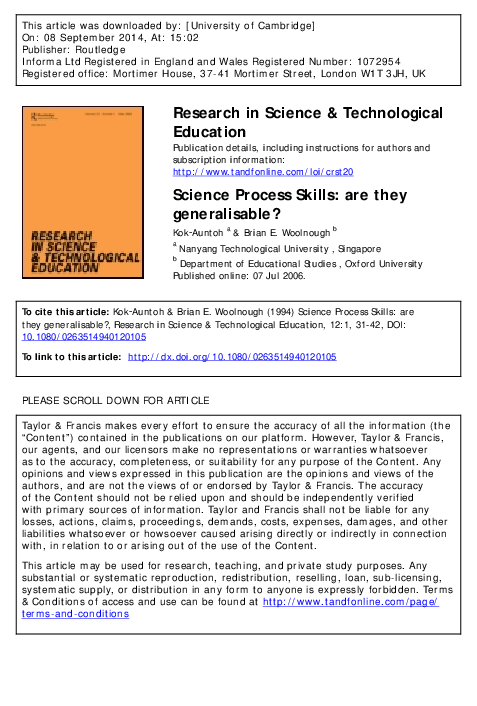 (PDF) Science Process Skills: are they generalisable