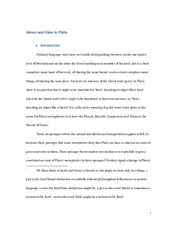 (PDF) Genos and Eidos in Plato