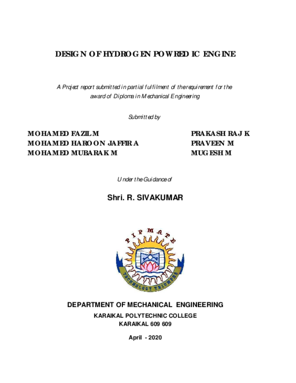 (PDF) HYDROGEN POWERED IC ENGINE DME PROJECT