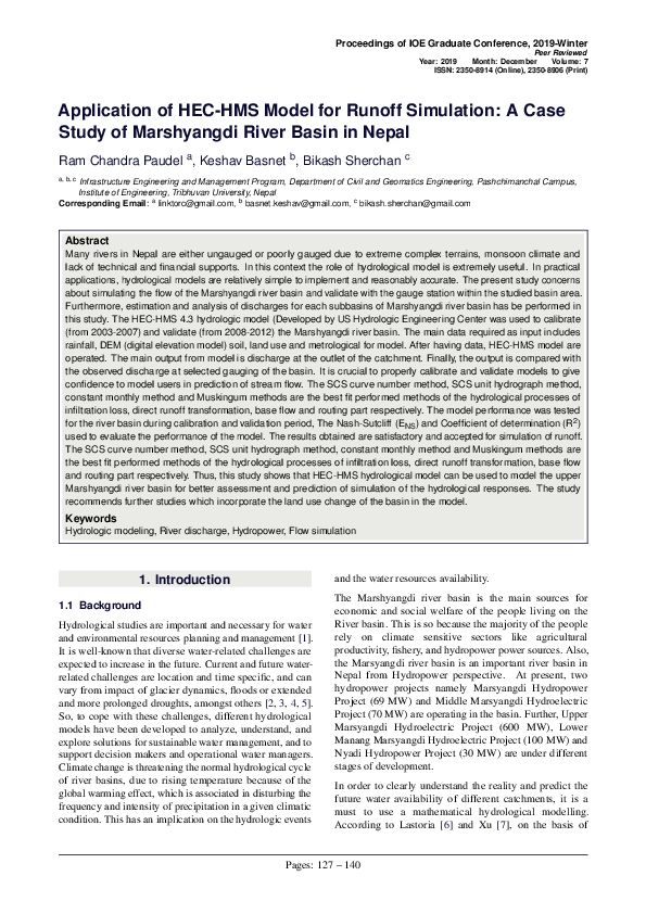 (PDF) Application of HEC-HMS Model for Runoff Simulation: A Case Study of Marshyangdi River ...