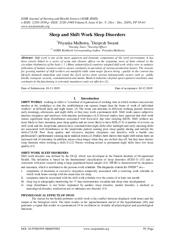 (PDF) Sleep and Shift Work Sleep Disorders