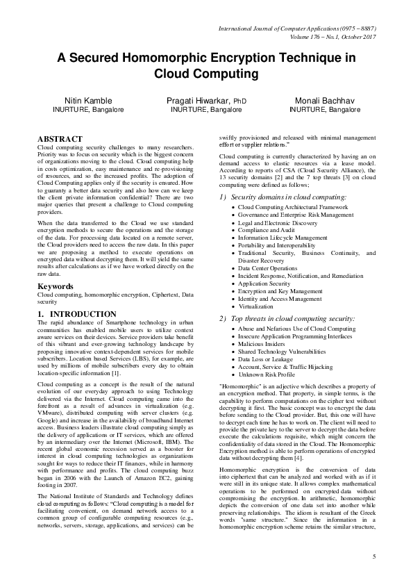 (PDF) A Secured Homomorphic Encryption Technique in Cloud Computing