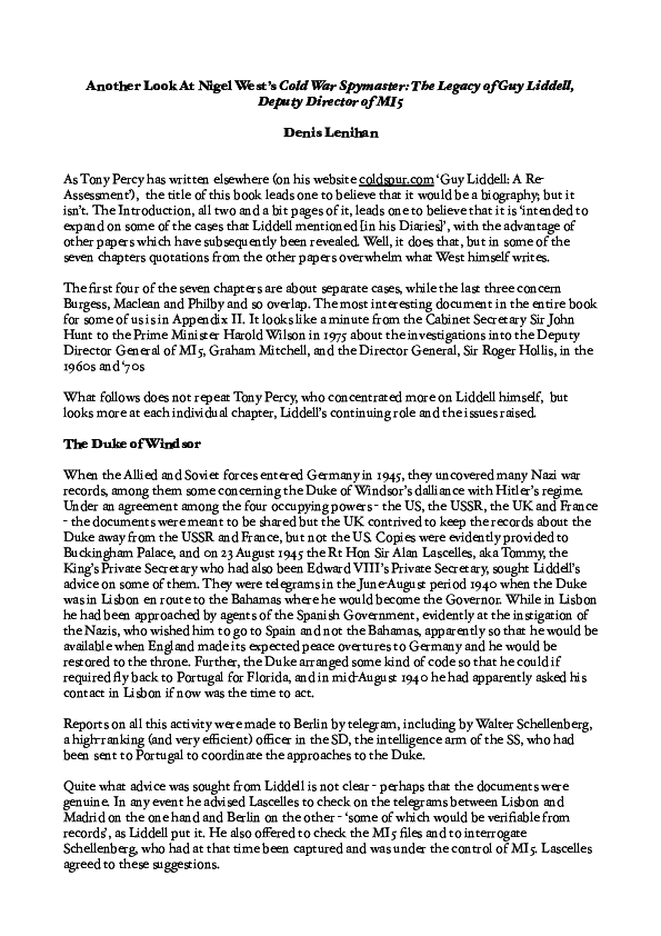 (PDF) Another Look At Nigel West’s Cold War Spymaster: The Legacy of ...