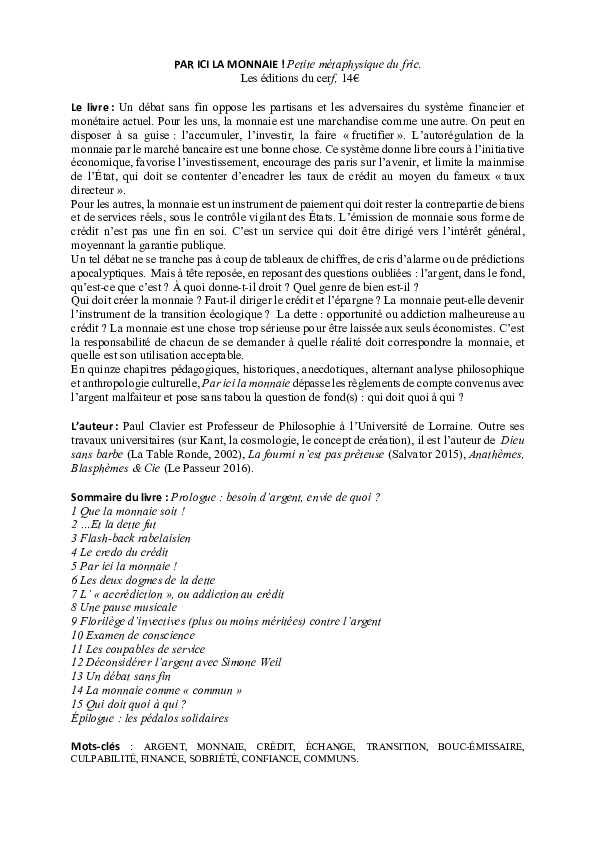 (PDF) PAR ICI LA MONNAIE ! Petite métaphysique du fric. Les éditions du ...