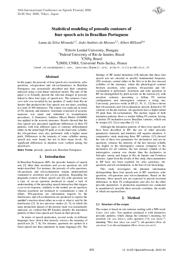 (PDF) Statistical modeling of prosodic contours of four speech acts in ...