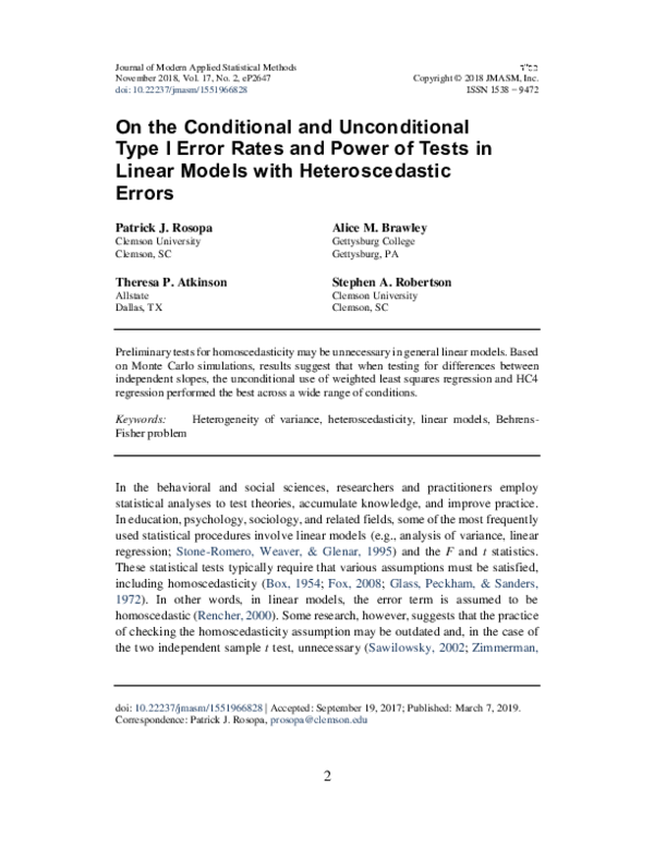 Pdf On The Conditional And Unconditional Type I Error Rates And Power Of Tests In Linear