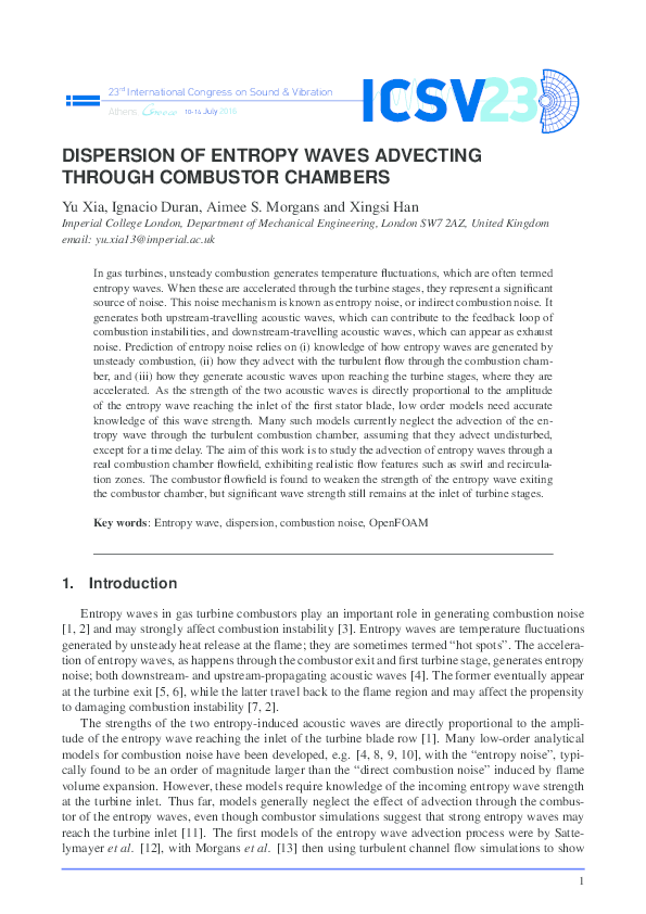 (PDF) Dispersion of entropy waves advecting through combustor chambers