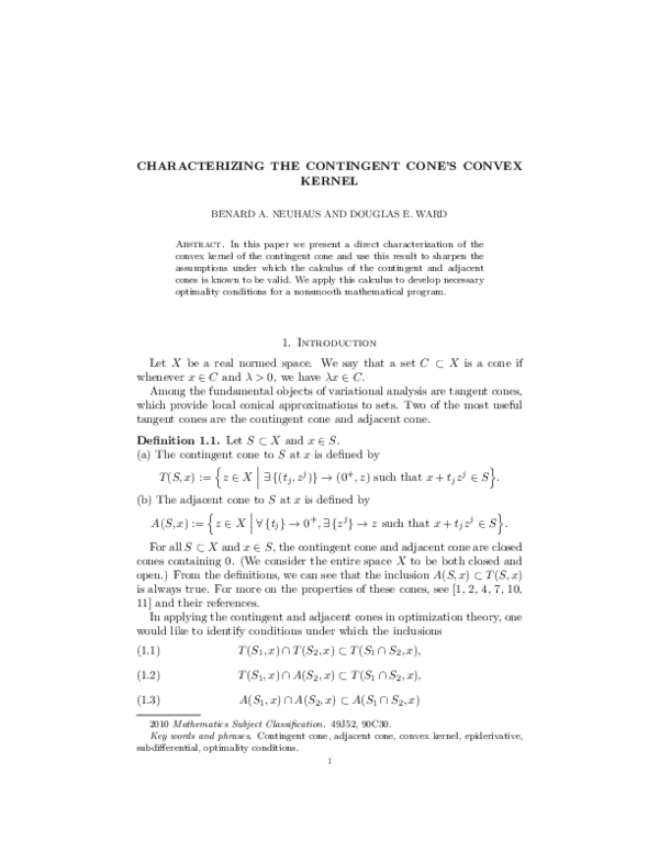 (PDF) CHARACTERIZING THE CONTINGENT CONE'S CONVEX KERNEL