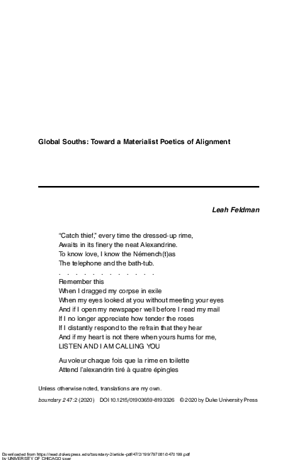 (PDF) Global Souths: Toward a Materialist Poetics of Alignment