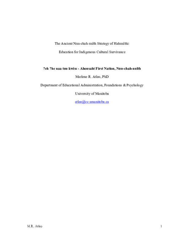 (PDF) The Ancient Nuu-chah-nulth Strategy of Hahuulthi: Education for ...