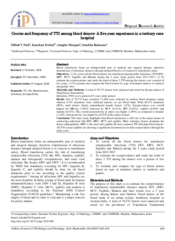 (PDF) Course and frequency of TTI among blood donors- A five year ...