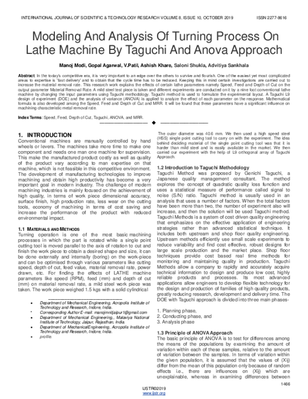 Pdf Modeling And Analysis Of Turning Process On Lathe Machine By Taguchi And Anova Approach