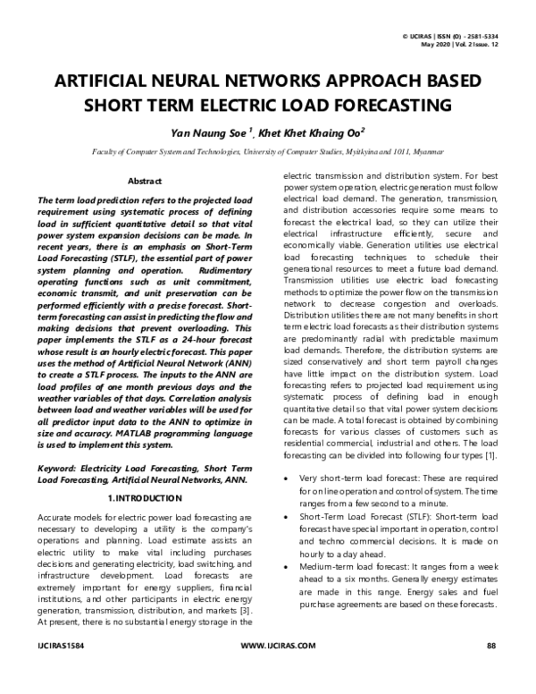 (PDF) ARTIFICIAL NEURAL NETWORKS APPROACH BASED SHORT TERM ELECTRIC LOAD FORECASTING