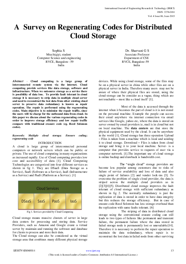 (PDF) IJERT-A Survey on Regenerating Codes for Distributed Cloud Storage