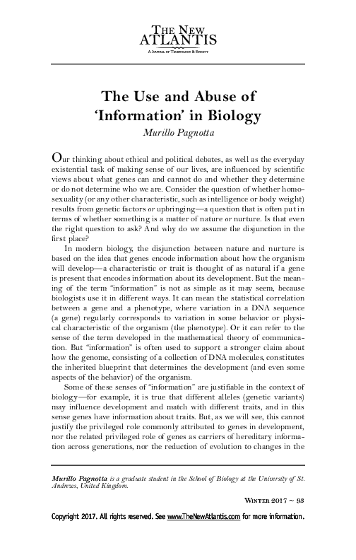 (PDF) The Use and Abuse of 'Information' in Biology