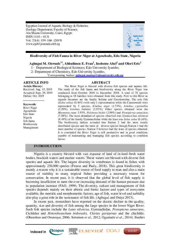 (PDF) Biodiversity of Fish Fauna in River Niger at Agenebode, Edo State ...