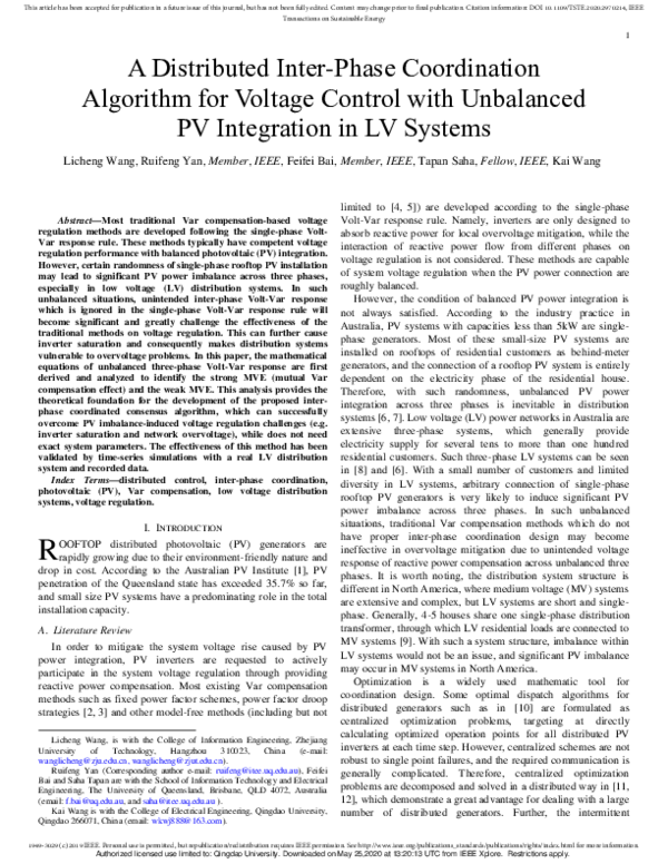 (PDF) A Distributed Inter Phase Coordination Algorithm for Voltage Control with Unbalanced PV ...
