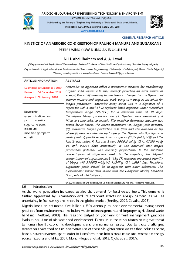 (PDF) KINETICS OF ANAEROBIC CO-DIGESTION OF PAUNCH MANURE AND SUGARCANE ...