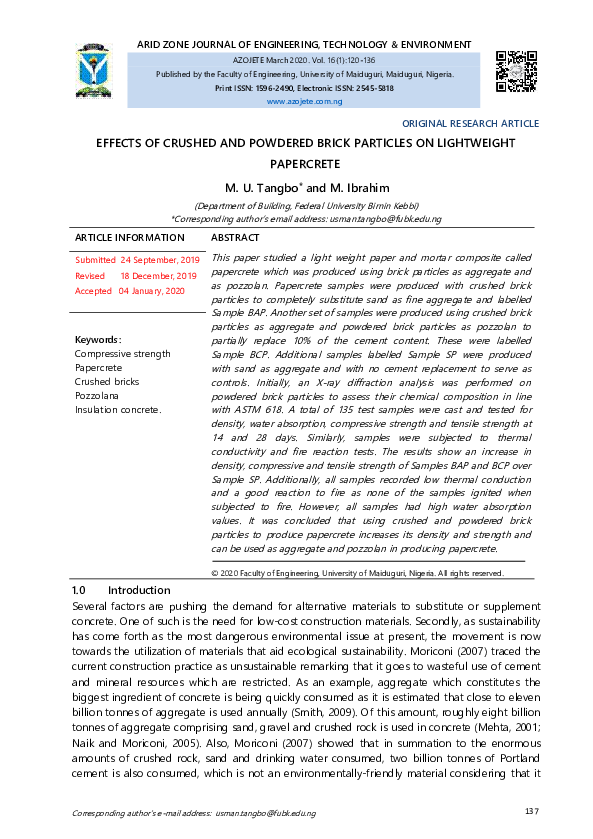 (PDF) EFFECTS OF CRUSHED AND POWDERED BRICK PARTICLES ON LIGHTWEIGHT