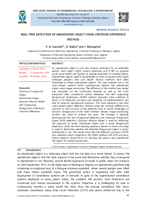 (PDF) REAL-TIME DETECTION OF ABANDONED OBJECT USING CENTROID DIFFERENCE METHOD