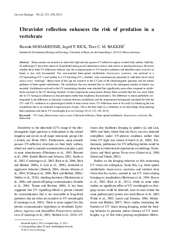 (PDF) Ultraviolet reflection enhances the risk of predation in a vertebrate