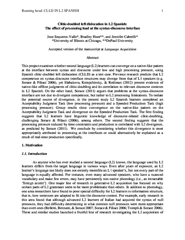 (PDF) Clitic-doubled left dislocation in L2 Spanish: The effect of processing load at the syntax ...