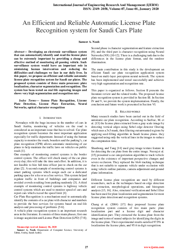 (PDF) An Efficient and Reliable Automatic License Plate Recognition system for Saudi Cars Plate
