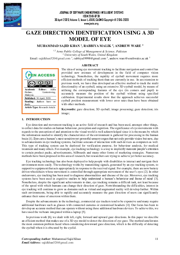 (PDF) GAZE DIRECTION IDENTIFICATION USING A 3D MODEL OF EYE
