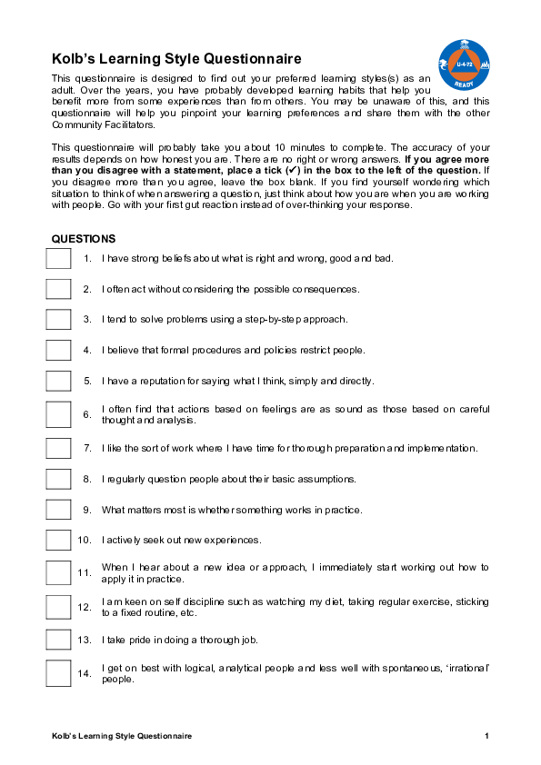(PDF) Kolb's Learning Style Questionnaire