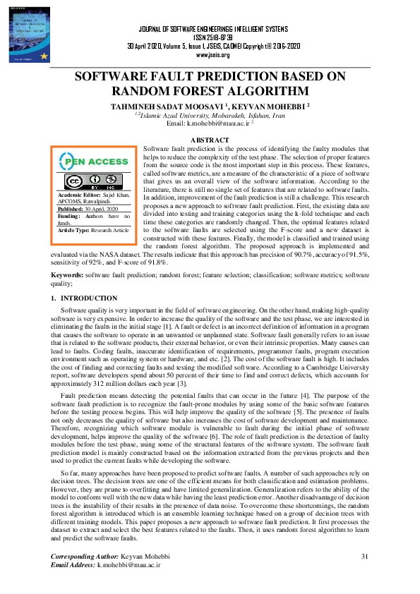 Pdf Random Forest For Software Fault Prediction