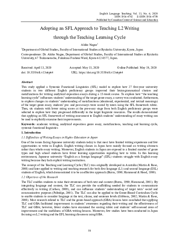 (PDF) Adopting an SFL Approach to Teaching L2 Writing through the ...