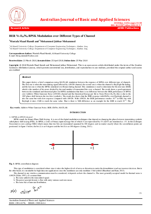 (PDF) BER Vs E b /N 0 BPSK Modulation over Different Types of Channel