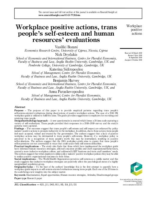 (PDF) Workplace positive actions, trans people's self-esteem and human ...