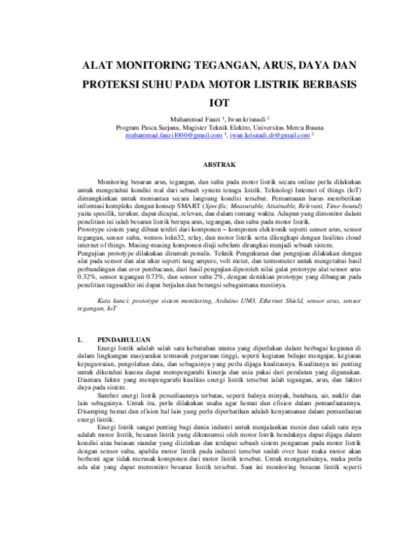 Pdf Alat Monitoring Tegangan Arus Daya Dan Proteksi Suhu Pada Motor Listrik Berbasis Iot