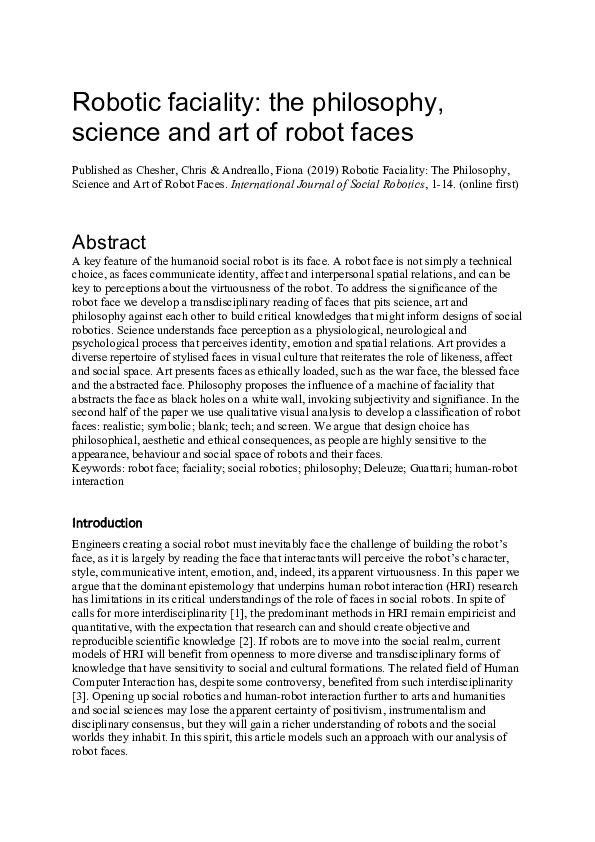 (PDF) Robotic faciality: the philosophy, science and art of robot faces