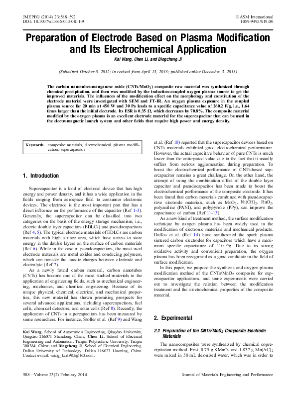 (PDF) Preparation of Electrode Based on Plasma Modification and Its ...
