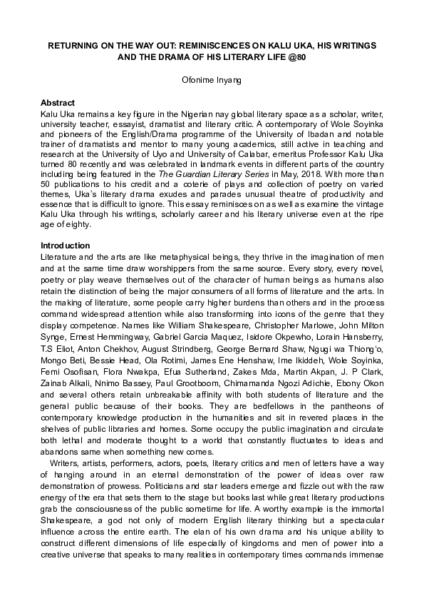 (PDF) Returning on the Way Out-Reminiscences on Kalu Uka, His Writings ...