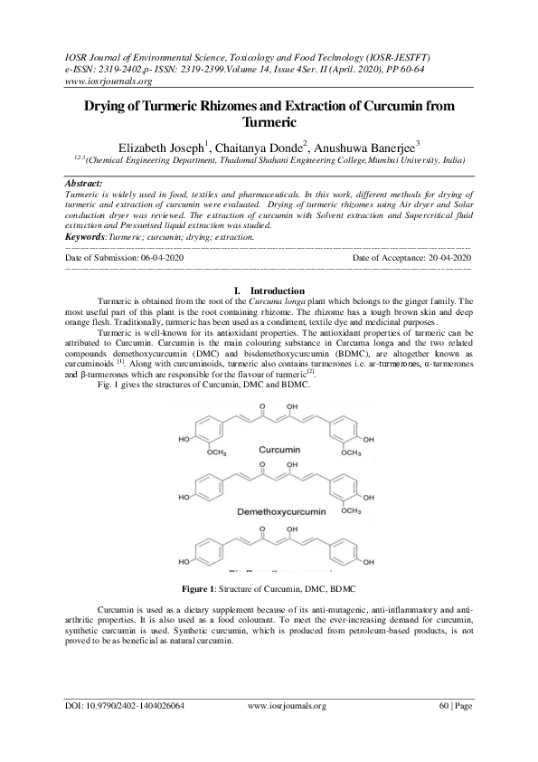 (PDF) Drying of Turmeric Rhizomes and Extraction of Curcumin from Turmeric