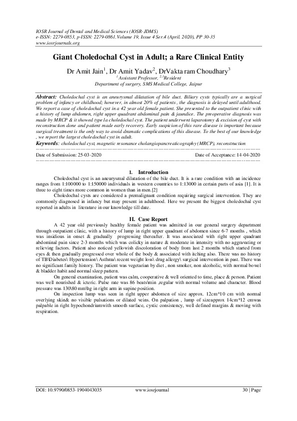 (PDF) Giant Choledochal Cyst in Adult; a Rare Clinical Entity
