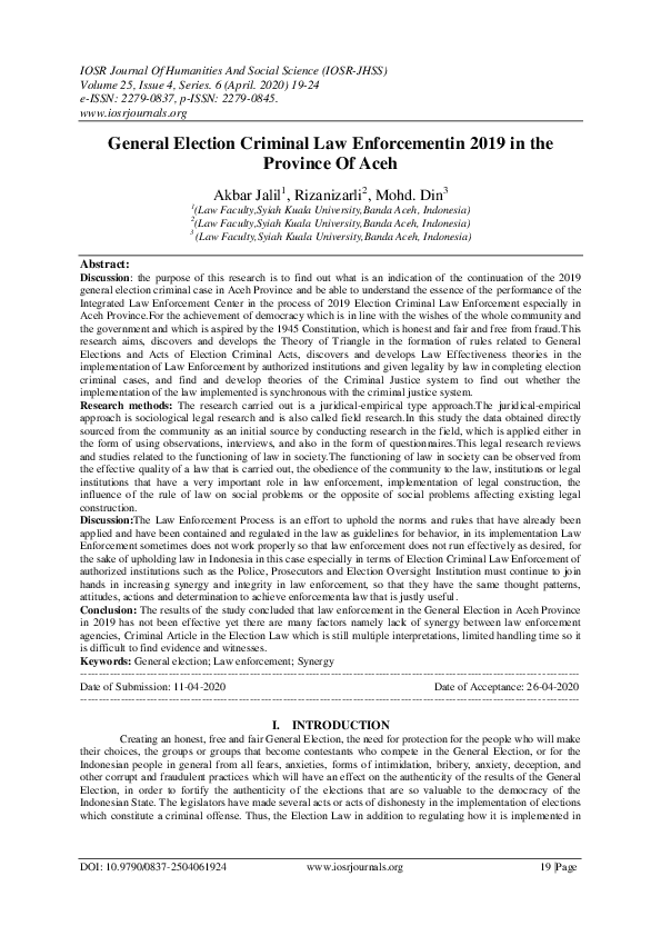 (PDF) General Election Criminal Law Enforcementin 2019 in the Province ...