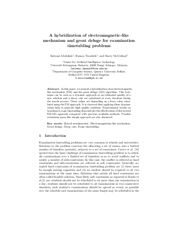(PDF) A hybridization of electromagnetic-like mechanism and great deluge for examination ...
